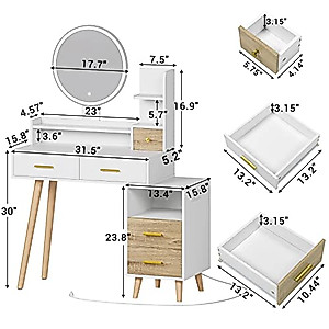 BTHFST Vanity Desk with Mirror, Lights, and Charging Station of 2 USB Ports, Outlets, Table with Drawers, Shelves, and Nightstand.
