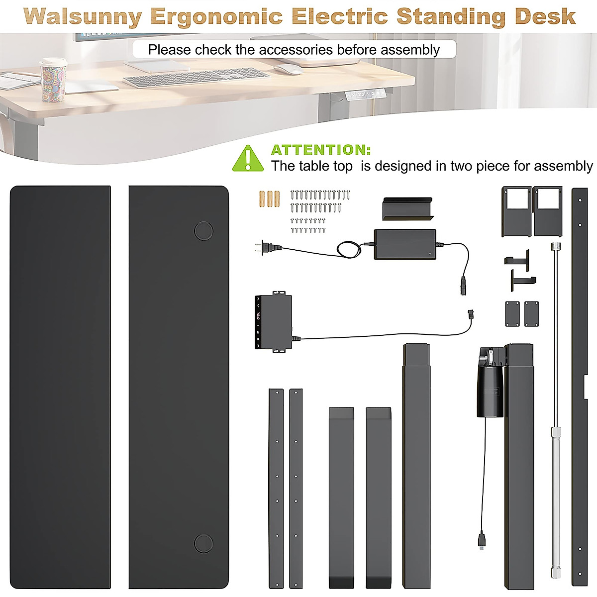 Walsunny Electric Height Adjustable Standing Desk, 63 x 24 Inches Splice Board, Sit Stand Up Computer Table with Memory Preset Controller for Home, Office,Black Frame/Black Top