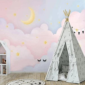 Cartoon Moon Clouds Stars 3D Wallpaper Mural, Cute Pink Clouds Photo Mural Wallpaper, Wall Murals Space for Kids Room Living Bedroom Sofa TV Background Decor - 144"x 100"(W x H)