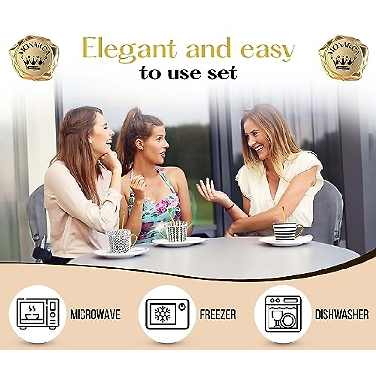 Monarca Set of 4 Mugs with Gold Tea Spoons, Ceramic with Real Gold Plated Handle, Aesthetic, Hand Painted 12 oz Elegance Colors Black, White and Gold