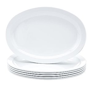 AmazonCommercial 13 in. x 9.75 in. White Melamine Oval Platter Narrow Rim - 6 Piece Set