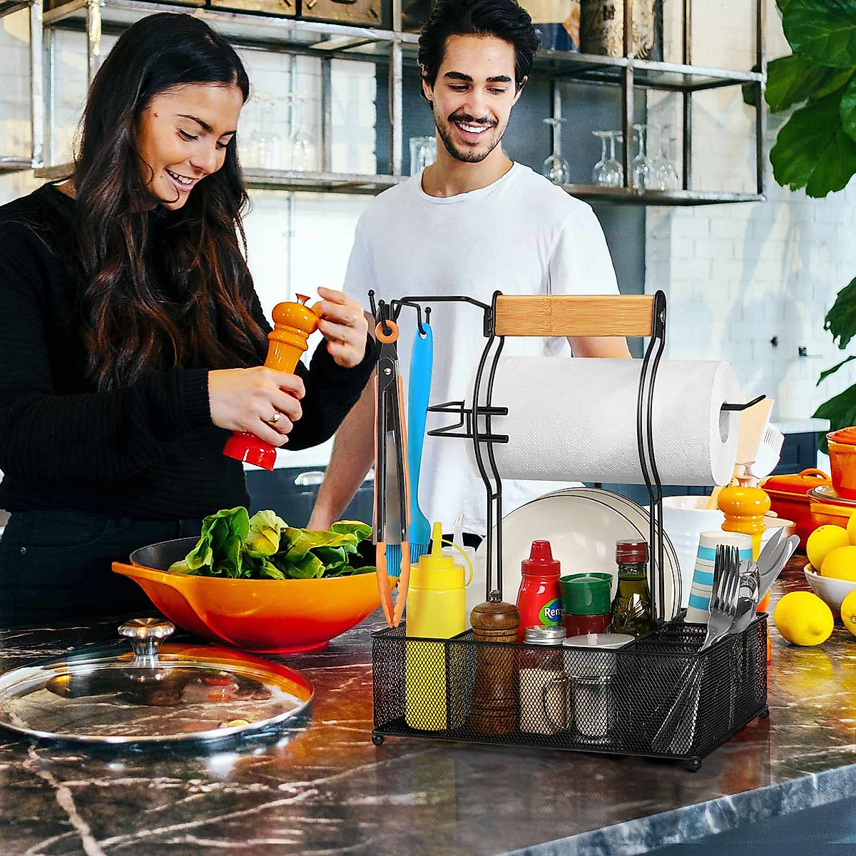 FANGSUN Large Grill Utensil Caddy, Picnic Condiment Caddy, BBQ Organizer for Camping Outdoor Mesh Basket with 3 Hanging Hooks and Paper Towel Holder, Ideal Table Storage Tools for Paper Plate Cutlery