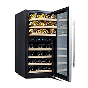 Phiestina Dual Zone Wine Cooler Refrigerator, 33 Bottle Free Standing Compressor Fridge and Chiller for Red and White Wines, 16'' Glass Door Wine Refrigerator with Digital Memory Temperature Control