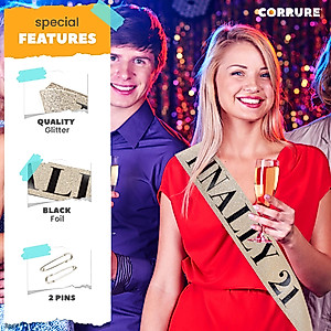 CORRURE 'Finally 21' Birthday Sash With Glitter - Gold Sash with Black Foil 21st Birthday Sash for Men and Women - Ideal Twenty One Sash Party Favors Supplies and Decorations for Your 21 Bday Party