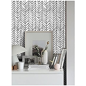 HAOKHOME 96020-1 Boho Stripe Peel and Stick Wallpaper Herringbone Black White Vinyl Self Adhesive Room Decor Contact Paper 17.7in x 9.8ft