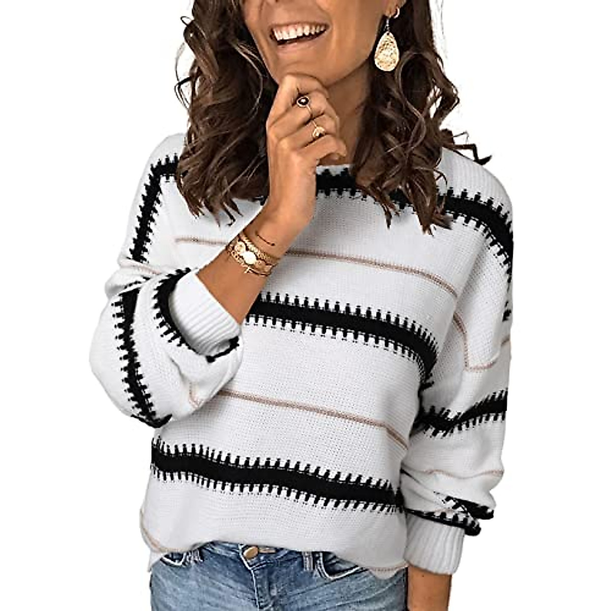 Dokotoo Long Sleeve Crewneck Striped Pullover Sweaters for Women Winter Casual Loose Knit Pullover Sweater Jumper Tops White Medium