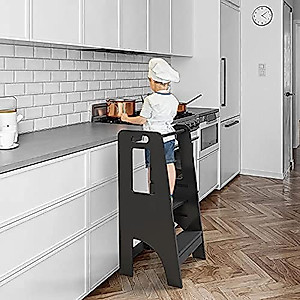 MOAMUN Wooden Step Stool for Kids, Adjustable Height Toddler Learning Helper Tower with Handle, Solid Wood Step Stool for Kitchen,Bathroom,Bedroom (Black)