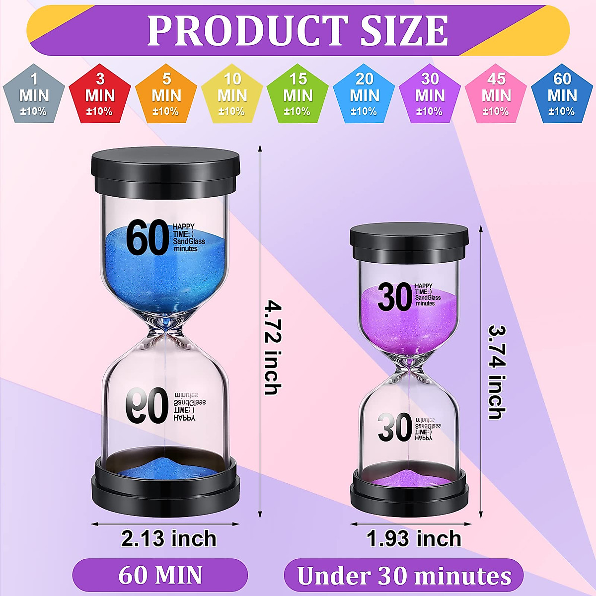 9 Pieces Sand Timer Colorful Hourglass Sand Clock Timer 1/3/5/10/15/20/30/45/60 Minutes Sandglass Timer for Kitchen Home Office Classroom Games Cooking Kids, 9 Colors