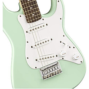 Fender Squier 3/4-Size Kids Mini Strat Electric Guitar - Surf Green Bundle with Amplifier, Instrument Cable, Tuner, Strap, Picks, Fender Play Online Lessons, and Austin Bazaar Instructional DVD