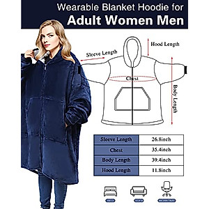 Wearable Blanket Hoodie for Adult Women Men - Oversized Hooded Blanket Sweatshirt with Giant Pocket and Elastic Sleeve (Navy Blue-Long)