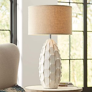Possini Euro Design Cosgrove Mid Century Modern Coastal Table Lamp 32.75" Tall Ceramic White Handcrafted Beige Fabric Drum Shade Decor for Living Room Bedroom House Bedside Home (Colors May Vary)
