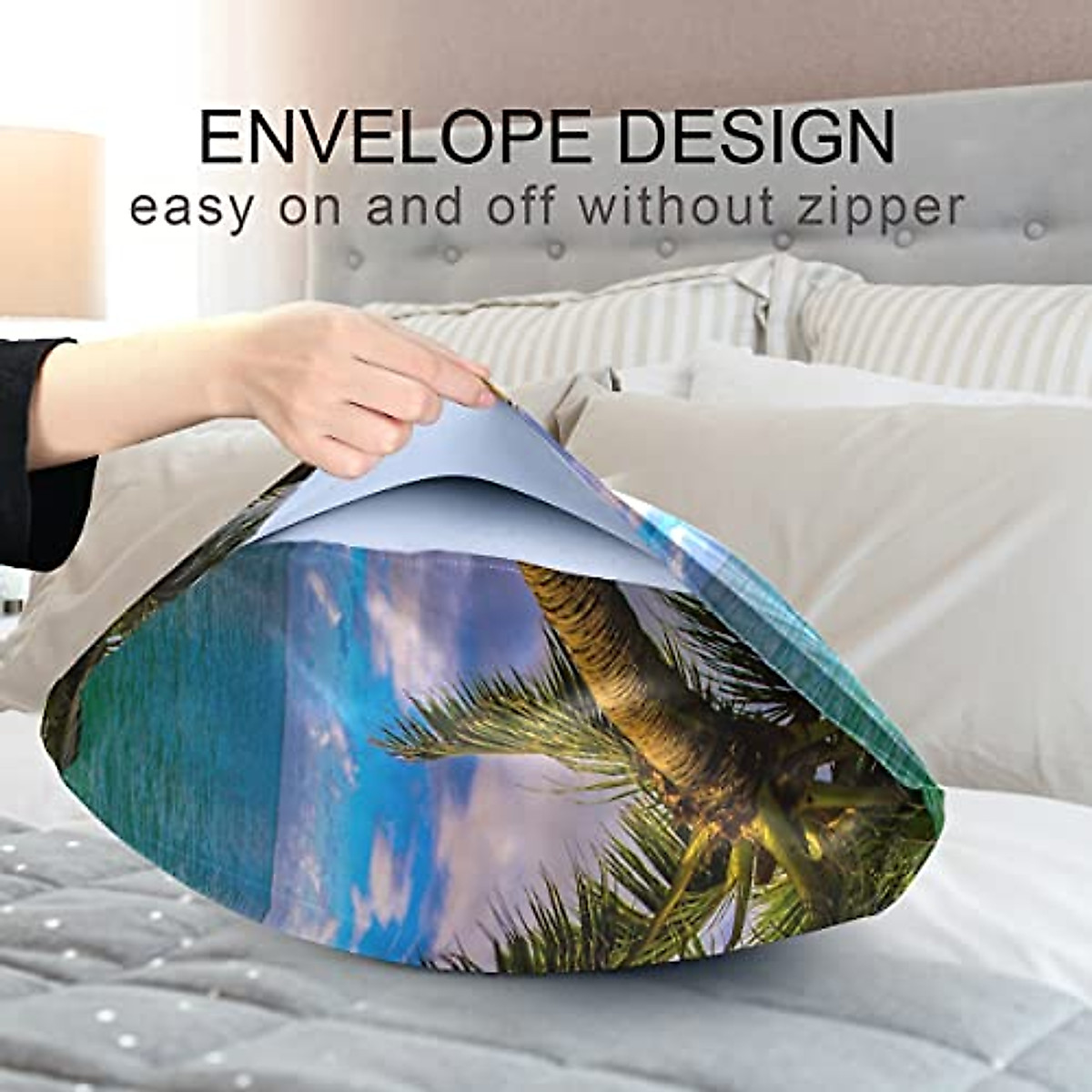 Tropical Beach Sea Sunrise Palm Tree Satin Pillowcase Silk Pillow Case for Hair and Skin Pillow Covers with Envelope Closure,Standard Size 20x26 Inch