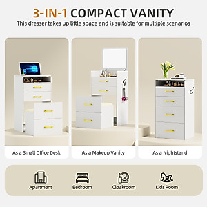 Gurexl 3 in 1 Vanity Desk with Plip Top Mirror,Small Make Up Vanity Set with Visible Glass Desktop,Compact Makeup Vanity with 3 Drawers,Cushioned Tool,Dressing Table for Bedroom