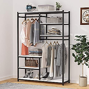 Tribesigns Free-standing Closet Organizer with 2 Hanging Rod, Garment Rack with 5 Storage Shelves for Bedroom (White)