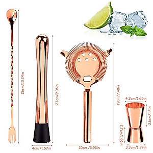 Cocktail Tools, JUSTDOLIFE Stainless Rose Gold Mixing Spoon Double Jigger with Cocktail Ice Muddler and Cocktail Bar Strainer for Home Bar Cocktail Drinks