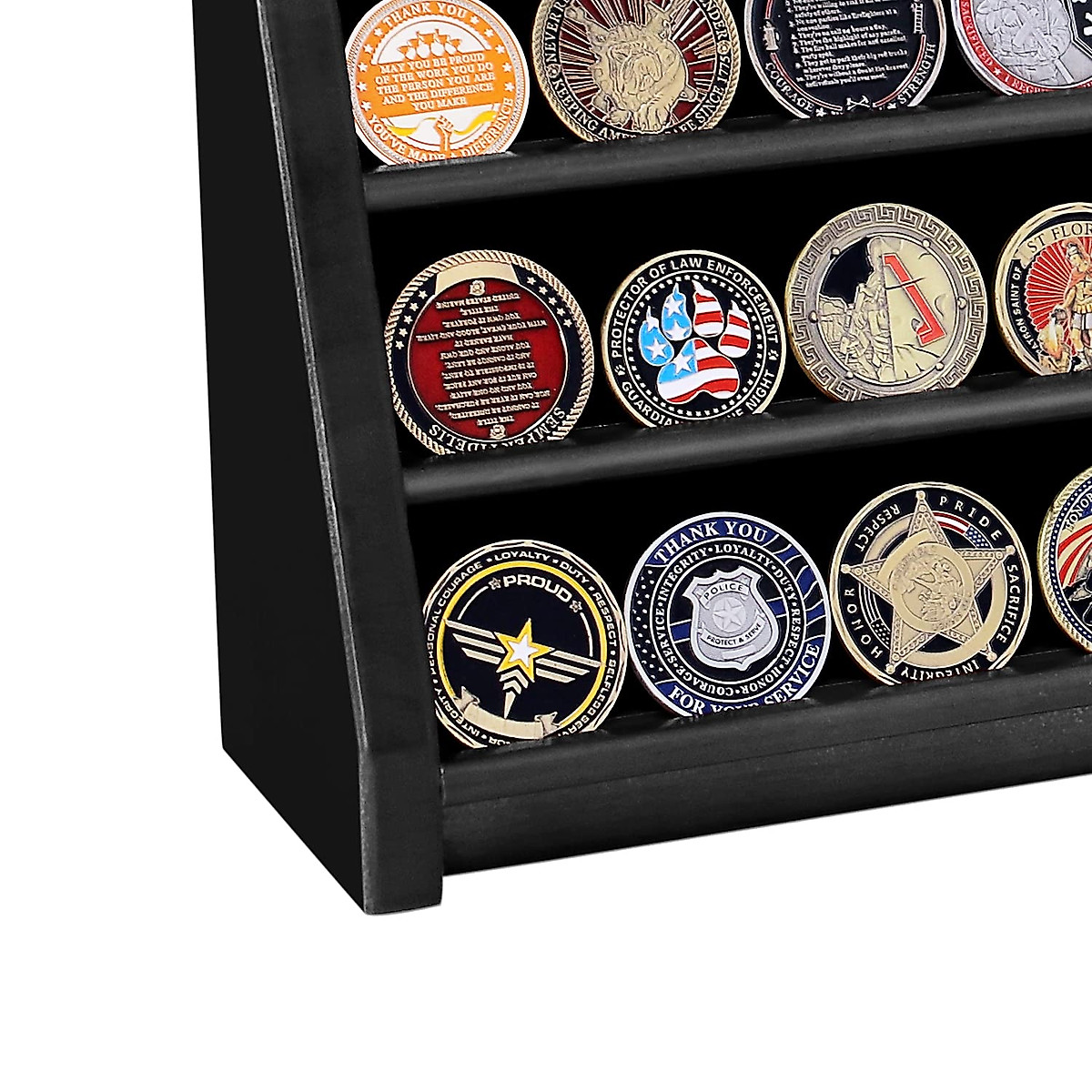 ASmileIndeep 4 Rows Wooden Military Challenge Coin Display Case Wall Mount - Army Coin Collectibles Holder Display Stand Rack, Black