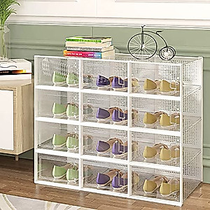 Stackable Shoe Storage Boxes, WAYTRIM 12 Pack Shoe Organizer for Closet Shoe Boxes Clear Plastic Stackable Shoe Bins Space Saving Sneaker Storage Boxes Drop Front Shoe Container Bins Fit to Size 10 - Clear White