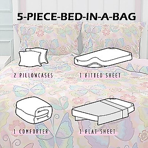 Podol Girls Pink Comforter Set Full Size, Butterfly Flowers Pattern Bedding Set, 5pc Lightweight Bed in A Bag with 1 Comforter, 2 Pillowcases, 1 Flat Sheet and 1 Fitted Sheet for Kids