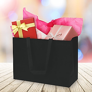 ZENPAC Black Reusable Gift Bags with Handles, Large Canvas Fabric Tote for Small Business, Retail, Grocery, Merchandise, Holidays Bulk, 16x6x12 12 Pack