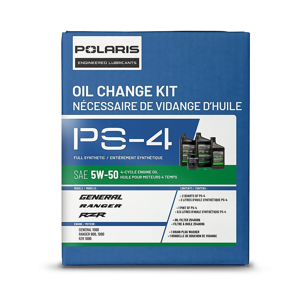 Polaris PS4 Oil Change Kit for Specific RANGER, GENERAL, RZR, ACE 900 XC Models With 4 Stroke Engine, Includes 2.5 Quarts PS-4 5W-50 Full Synthetic Oil, 1 Oil Filter, 1 Washer, UTV SxS ATV - 2879323