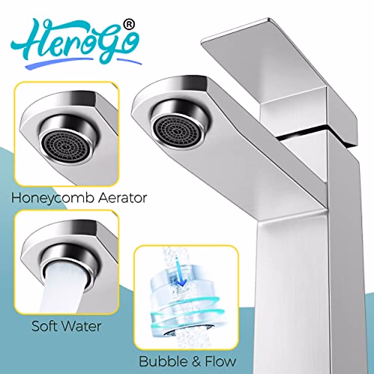 Herogo Brushed Nickel Bathroom Faucet, Stainless Steel Bathroom Sink Faucets with Brass Pop-up Sink Drain Stopper & Deck Plate 1 or 3 Hole, Single Handle RV Lavatory Faucet with 2 Water Hoses