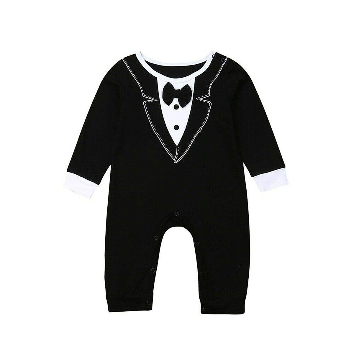 Baby Boy Gentleman Shirt Bowtie Romper Tuxedo Jumpsuit Overall Black Suit Clothes 0-18M (Black, 0-6 Months)