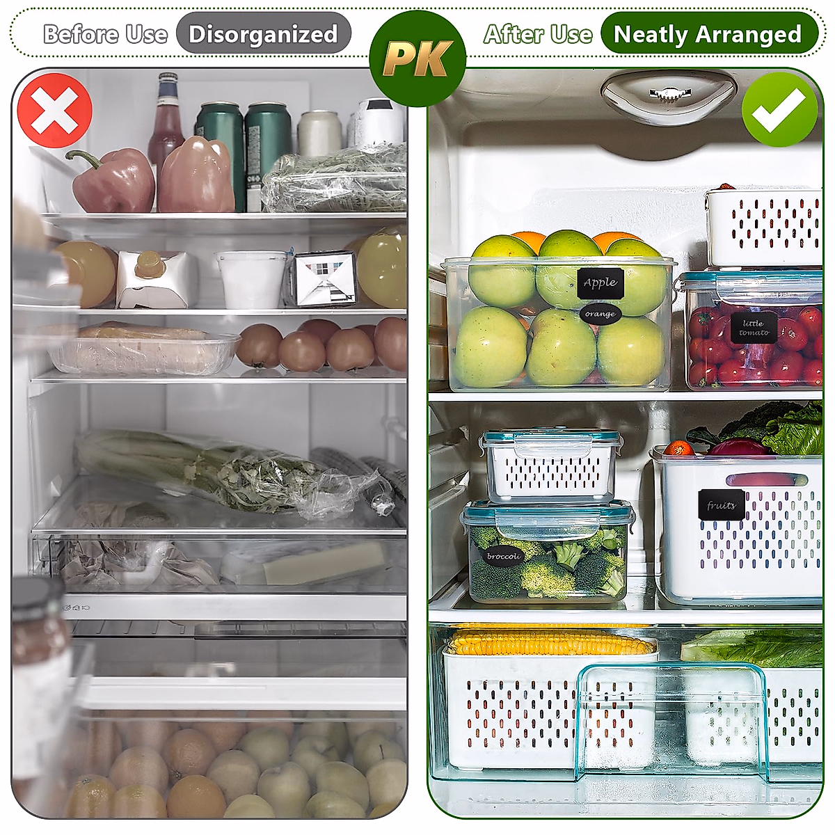 5 PCS Fruit Storage Containers for Fridge Leakproof Food Storage Containers with Removable Colander Label and Pen BPA-Free Fruit Containers for Fridge Keep Fruits, Vegetables, Meat Fresh longer