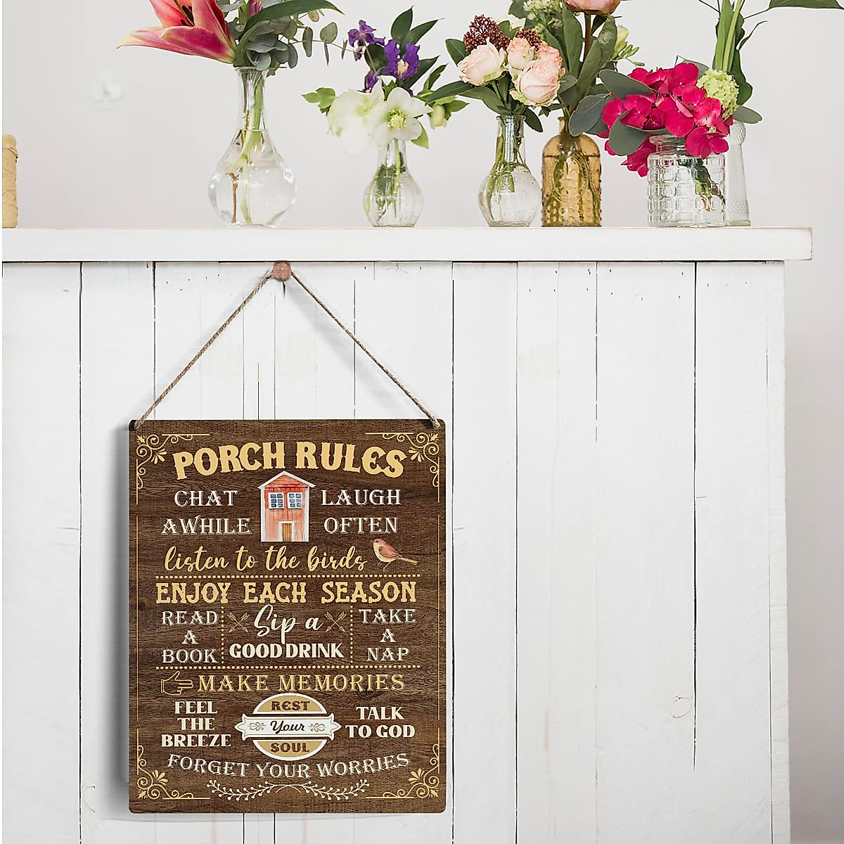 Porch Sign Gifts, Rustic Porch Rules Chat Awhile Laugh Often Wooden Signs Wood Plaque Hanging Sign Home Porch Decor 8 x 10 Inches