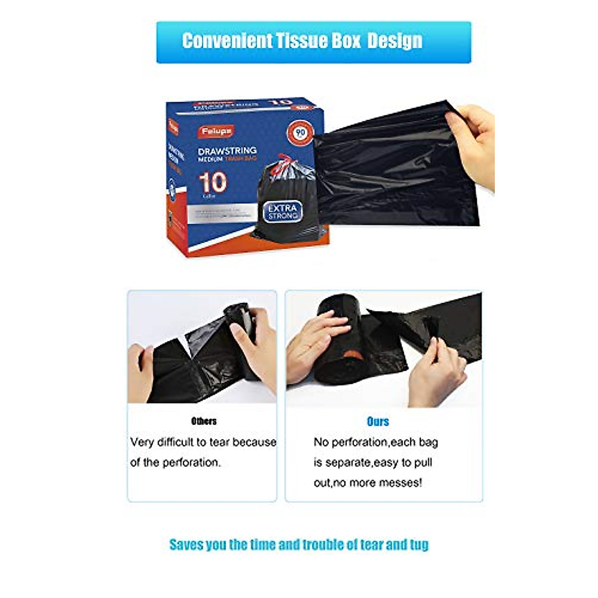 Feiupe 10 Gallon Drawstring Trash Bag Garbage Bag Trash Can Liner,0.9 Mil,90 Count (Black, 10 Gallon)