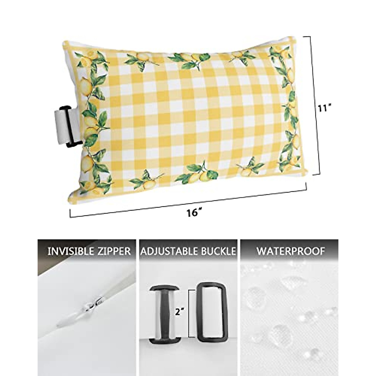 Recliner Head Pillow Ledge Loungers Chair Pillows with Insert Summer Lemon Leaves Yellow Plaid Lumbar Pillow with Adjustable Strap Outdoor Waterproof Patio Pillows for Beach Pool Chair, 2 PCS