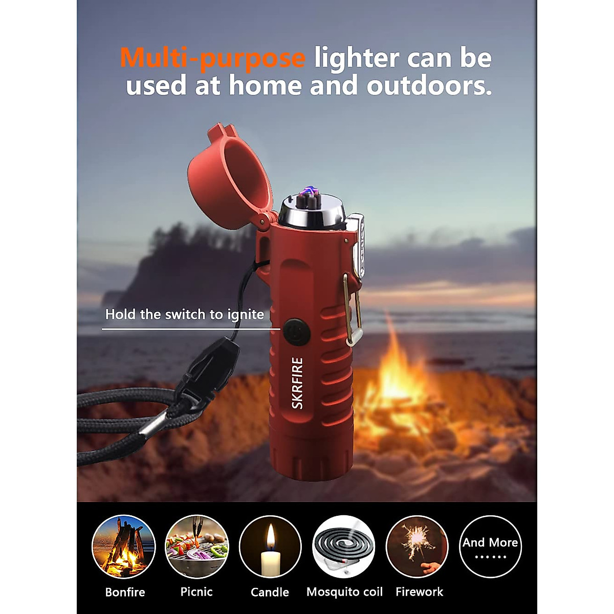 SKRFIRE Electric Outdoor Lighter Waterproof Plasma Lighter Windproof Arc Lighter Portable Fashion Lighter for Lighting Suitable for Emergency Survival Kit, Camping, Hiking (Red)