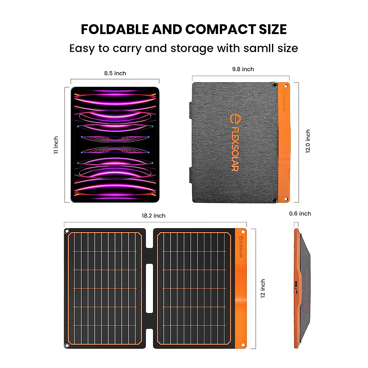 FlexSolar 20W Portable Solar Panel, High-Efficiency Monocrystalline PV Module Power Charger with Dual USB Ports for Phones, Tablets, Power Bank, Camera and Other Off-Grid Applications