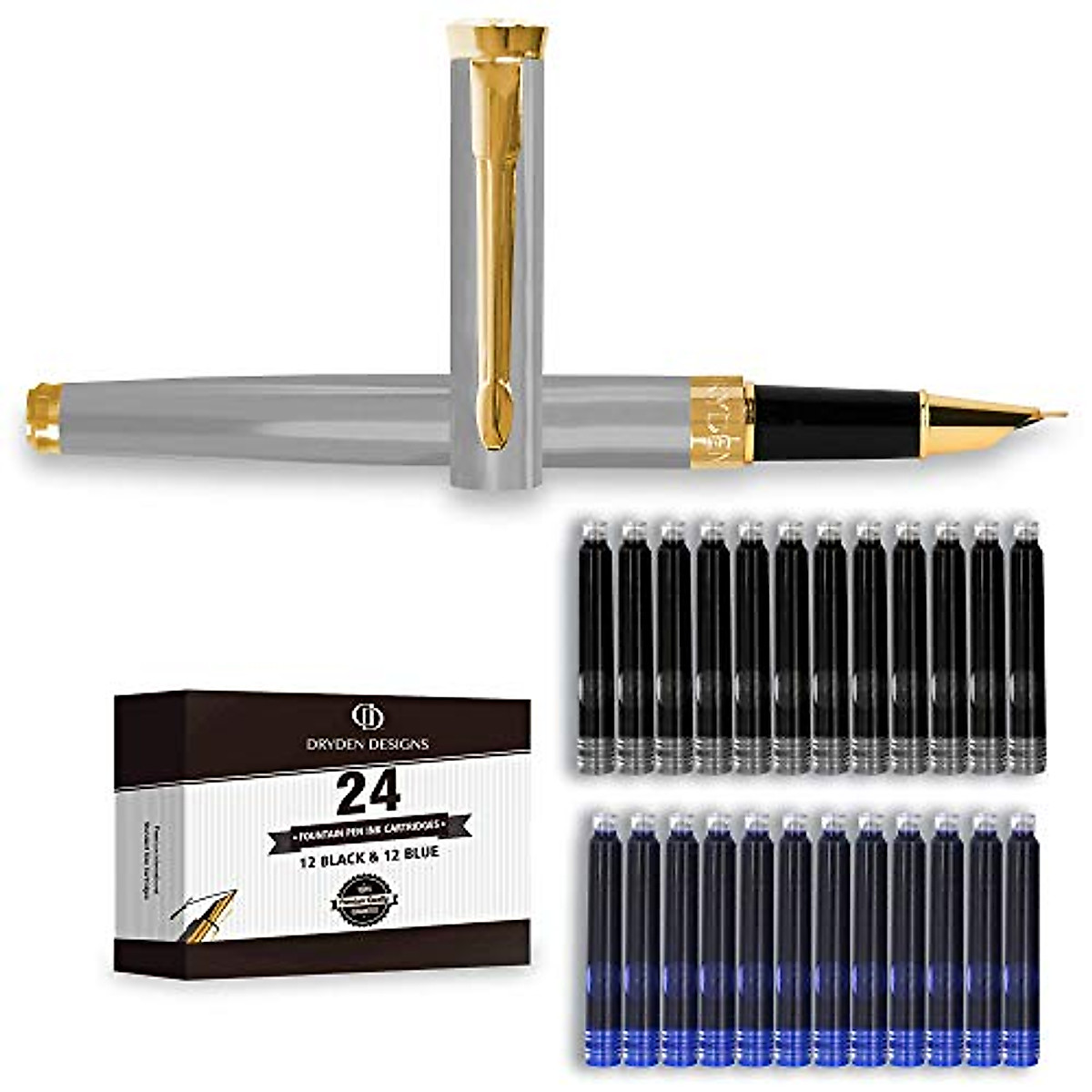 Dryden Designs Fine Nib Fountain Pen - Includes 24 Ink Cartridges - 12 Black and 12 Blue - Silver - Smooth Elegant Writing with Fine Nib and Ink Converters