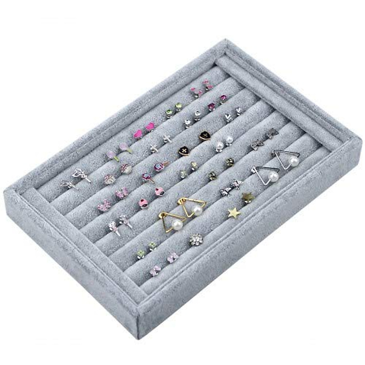 7 Slots Jewelry Accessories Display Storage Box Case Velvet Ring Showcase Holder Earring Set Tray Organiser - 22.5 14.5 3cm