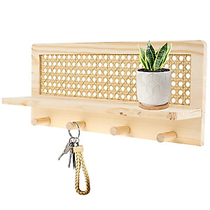 PHWRECZ Rattan Rack Shelf Rattan Coat Rack Shelf Wall Mounted with 4 Hooks Decorative Rattan Wall Rack Floating Rattan Shelf Wall Mount Entryway Rattan Rack Easy to Install