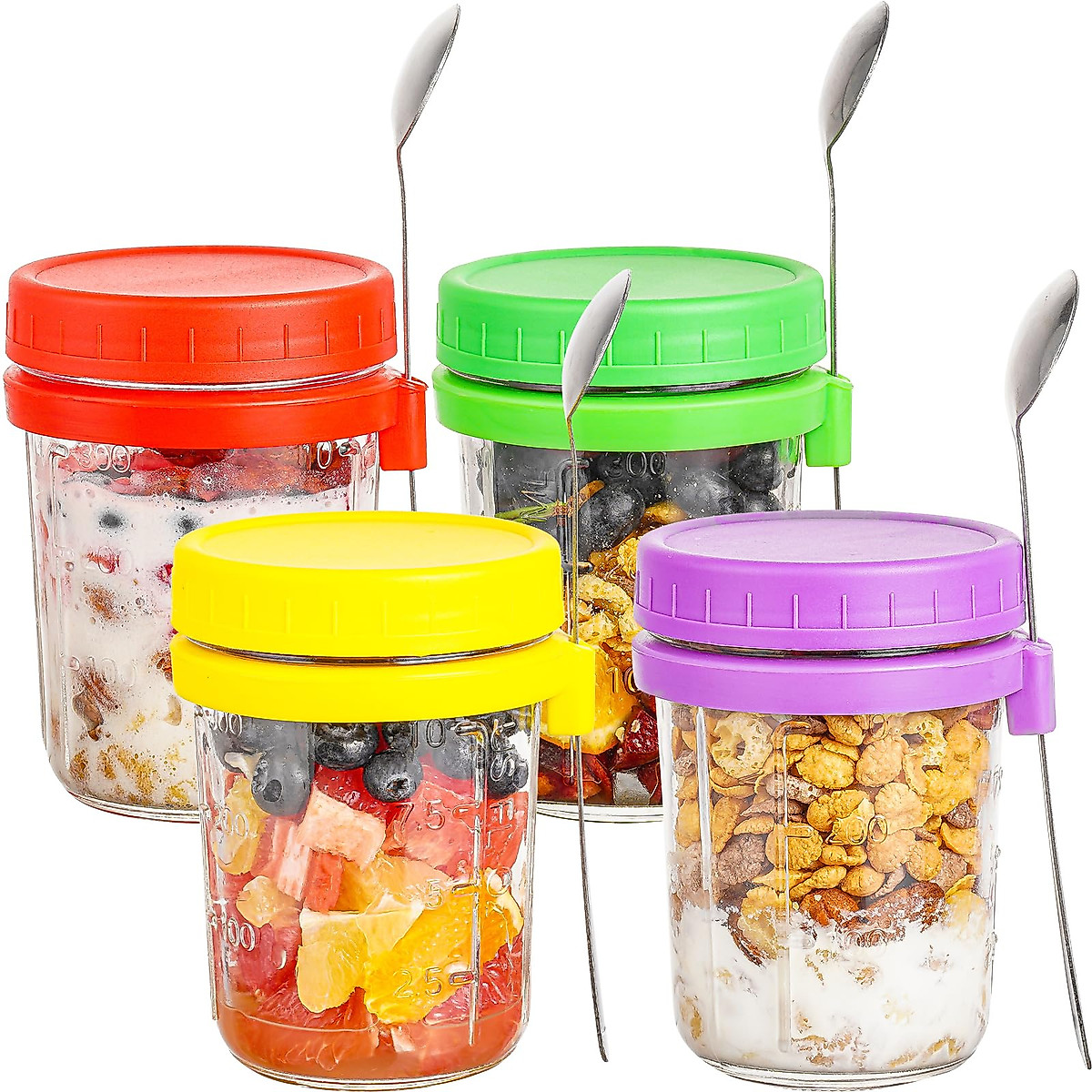 wookgreat Overnight Oats Jars, Overnight Oats Container with Leakproof Lid and Spoon Set of 4, 12 Oz Glass Mason Jars, Large Capacity Wide Mouth Jars with Measure Marks for Cereal Milkshake Meal Prep