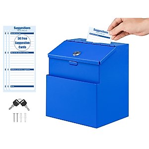 KYODOLED Suggestion Box with Lock and 50 Free Suggestion Cards, Metal Wall Mounted Ballot Box, Donation and Collection Key Drop Box with Slot & 2 Keys, 8.5H x 5.9W x 7.3L Inch, Blue