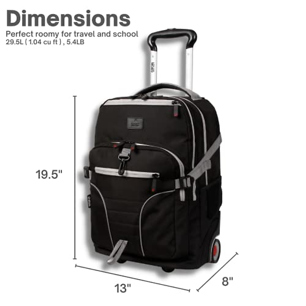 J World New York Lunar Rolling Backpack, Laptop Bag with Wheels, Black, 19.5"