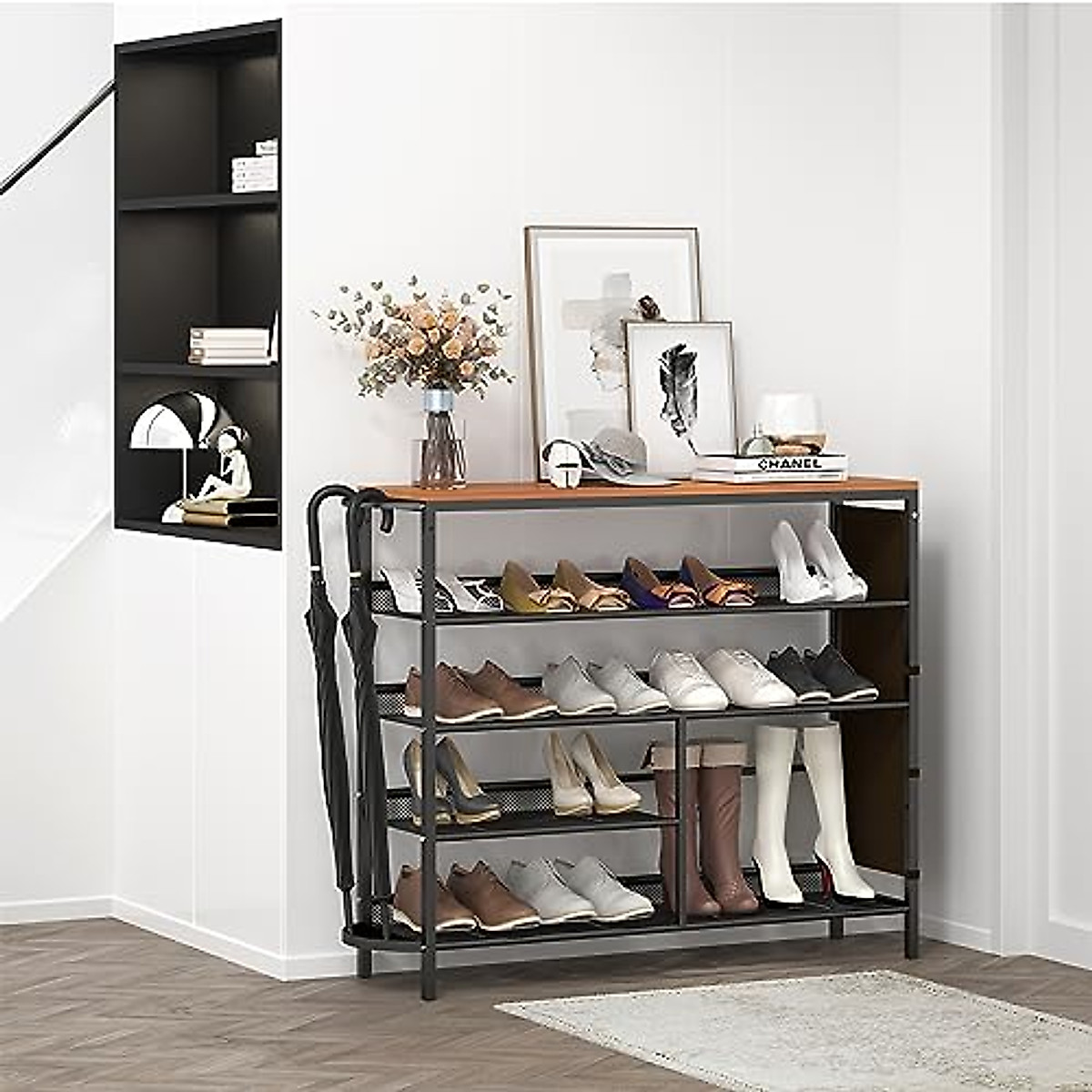 Bonzy Home Shoe Rack For Entryway, 5-Tier Shoe Shelves with Umbrella Holder and Fabric Pockets, Metal Mesh, Flat & Slant Adjustable Free Standing Shoe Racks for 21 Pairs