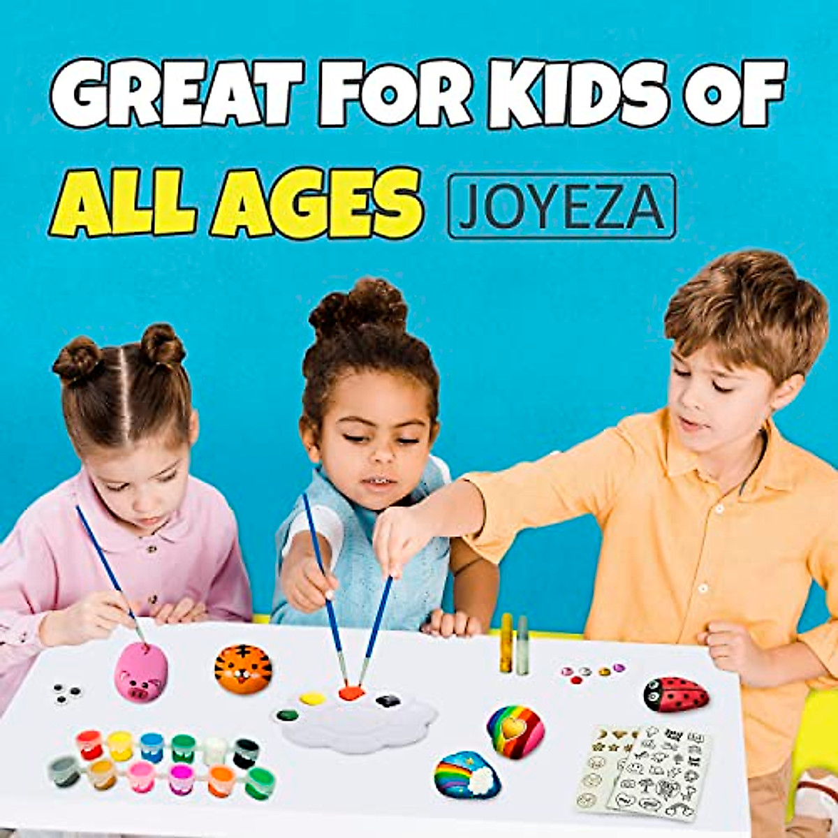JOYEZA Deluxe Rock Painting Kit, Arts and Crafts for Girls Boys Age 6+, 12 Rocks, Best Tween Gift Art Set, Waterproof Paints, Craft Kits Art Supplies, Kids Activities Age 4 5 6 7 8 9 10