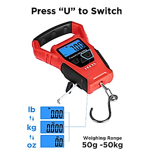 HEETA Waterproof Fish Scale Digital with Backlit LCD Display, 110lb/50kg Portable Hanging Scale Fishing Scale for Home and Outdoor, Measuring Tape and 2 AAA Batteries Included (Red)