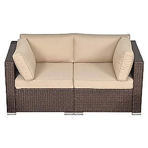 SUNVIVI OUTDOOR Patio Loveseat, 2 Piece Wicker Outdoor Sectional Couch with Removable Beige Cushions, Extra Sofa Furniture