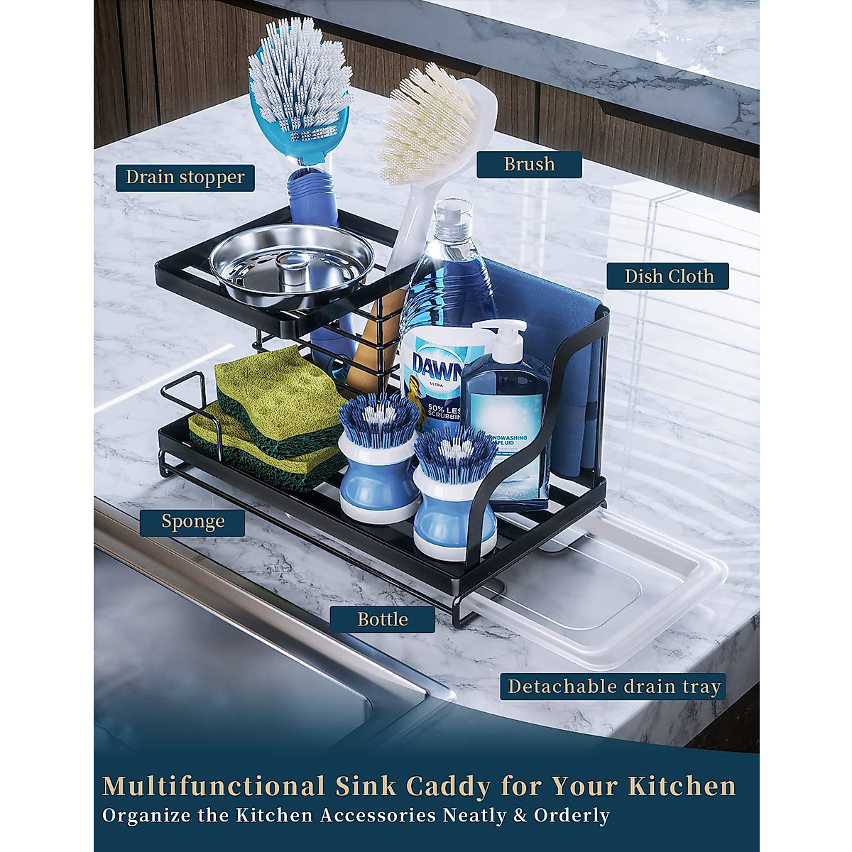 Consumest 5 in 1 Kitchen Sink Organizer with Removable Drain Tray, Quick Draining Kitchen Sink Caddy Rustproof Stainless Steel Sink Sponge Holder for Sponge, Cleaning Towel, Scrubber, Black