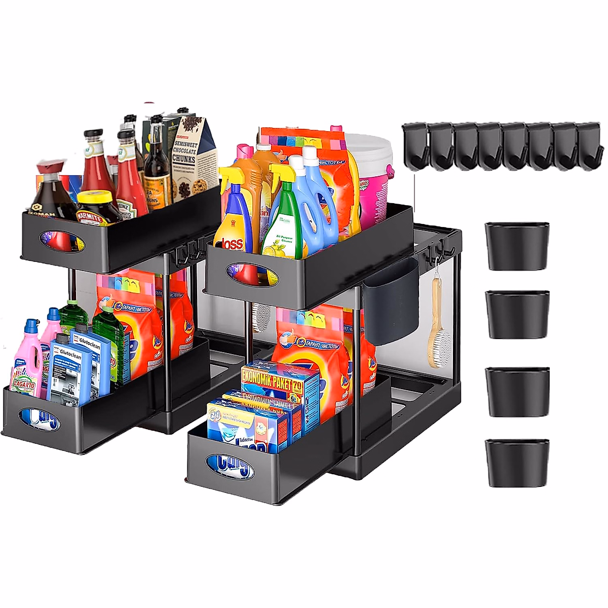 2 PackUnder sink organizer, double pull-out drawer multi-purpose under sink organizers and storage for bathroom kitchen,8 hooks 4cup