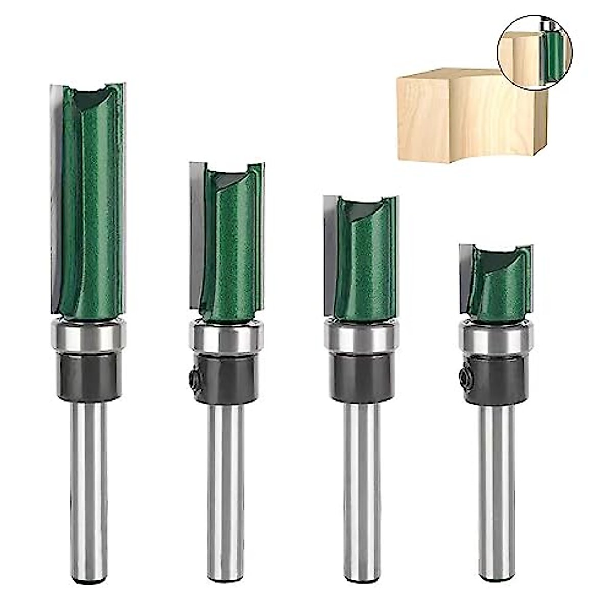 TOTOWOOD Top Bearing Flush Trim Router Bit ， 4 Pcs Pattern Flush Trim Router Bit Set，1/4 Inch Shank，Cutting Height in 15/32”, 3/4”, 1”, 1-1/2”,Flush Trim Cut Router Bits (Pattern Flush Trim)