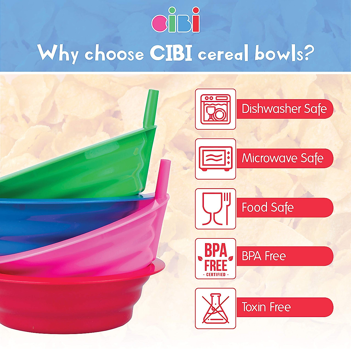 Cereal Bowls with Straws for Kids by CIBI | BPA-Free Plastic | Toddler Sip-A-Bowls with Built-In Straw for Cereal and Soup | Set of 4 Colorful Breakfast Bowls