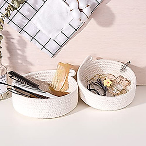 LixinJu Small Basket Small Baskets for Organizing Small Rope Basket Small Woven Basket Set of 2 Key Basket Round Mini Storage Bins for Bathroom Desk Organizer Gifts, XS White