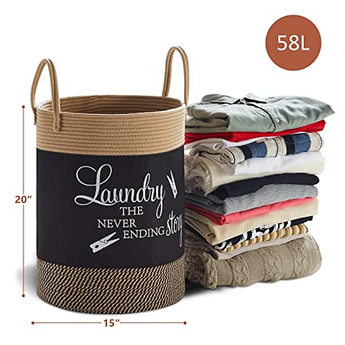 YOUDENOVA Woven Rope Laundry Basket, Tall Dirty Clothes Hamper for Blanket Storage in Bedroom, Bathroom,Living Room - Brown, 58L