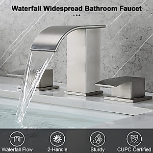 Brushed Nickel Waterfall Bathroom Faucet for Sink 3 Hole - Widespread, 2-Handles 8 Inch Modern Faucet for Bathroom Sink, Vanity Faucet with cUPC Supply Lines