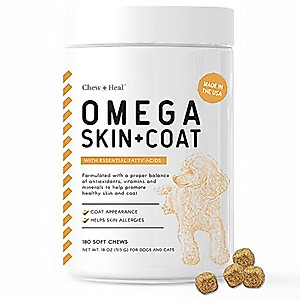 Chew + Heal Salmon Oil for Dogs - 180 Soft Chew Omega Treats for Skin and Coat - Fish Oil Blend of Essential Fatty Acids, Omega 3, 6, and 9, Vitamins, Antioxidants and Minerals - Made in USA